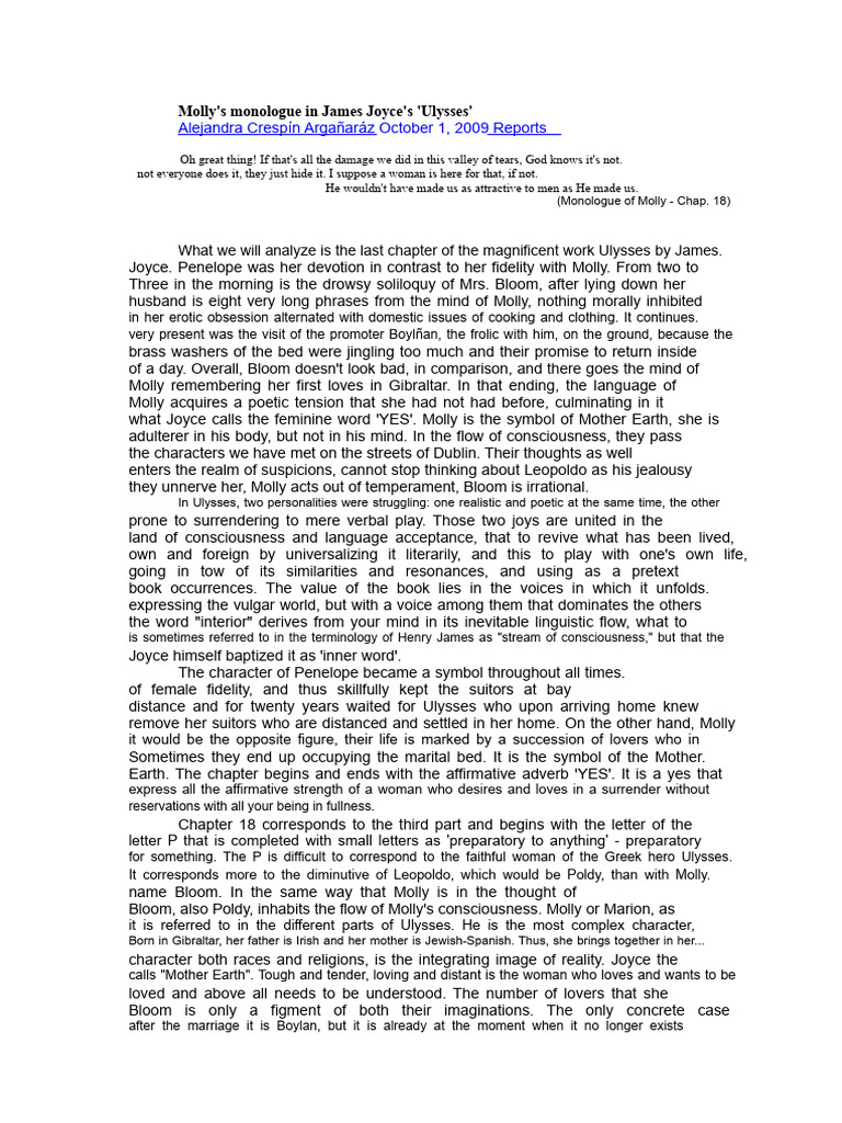 Joyce. The Monologue of Molly Bloom | PDF | Ulysses (Novel) | James Joyce