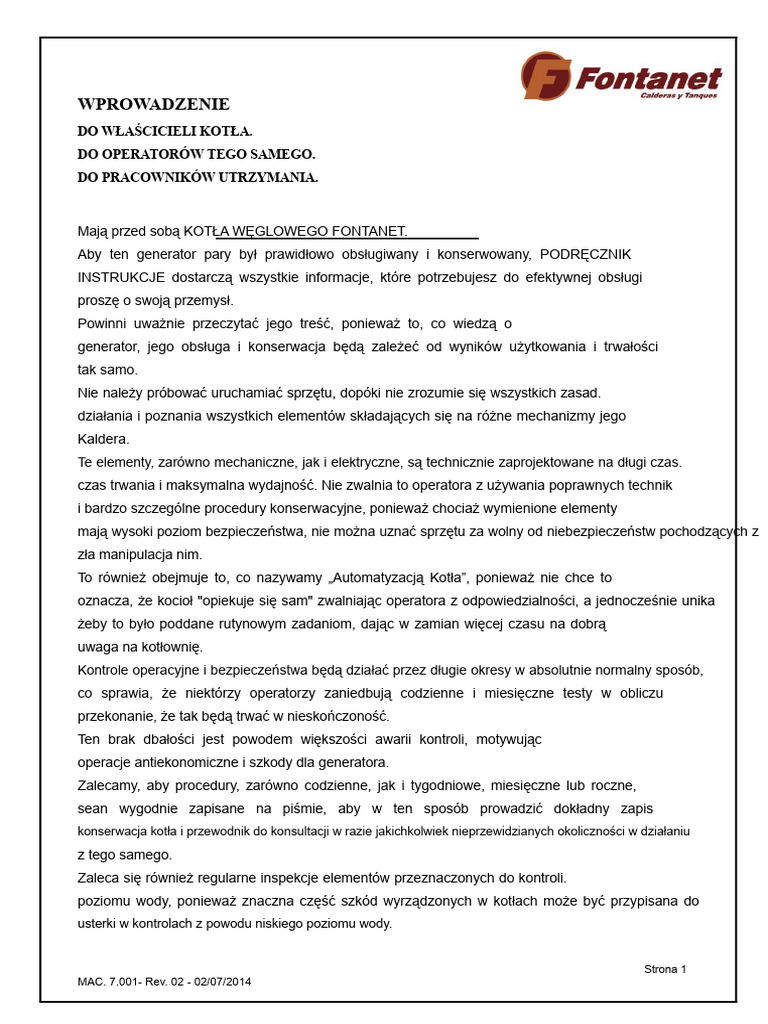 Podręcznik Kotła Parowego Fontanet 3PRV-260 | PDF