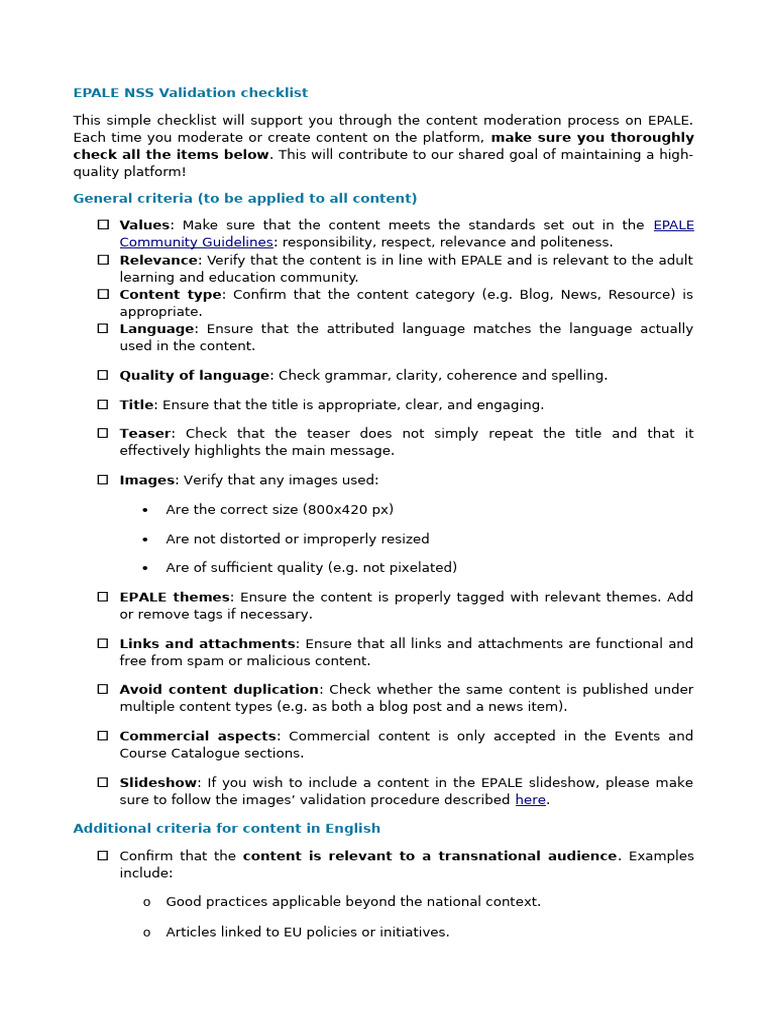 EPALE Validation Checklist v3.1 | PDF