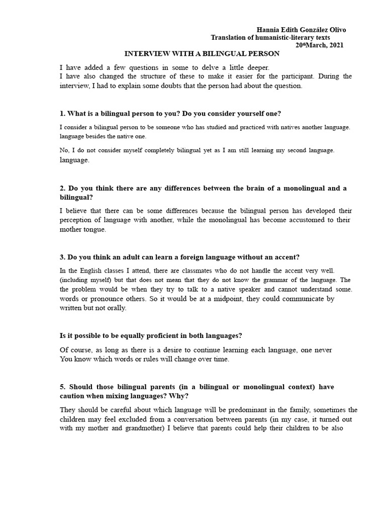Interview With A Bilingual Person | PDF | Multilingualism ...