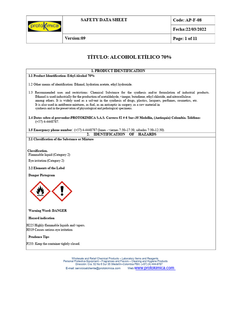 3. ETHYL ALCOHOL 70 (PROTOKIMICA) | PDF | Toxicity | Dangerous Goods