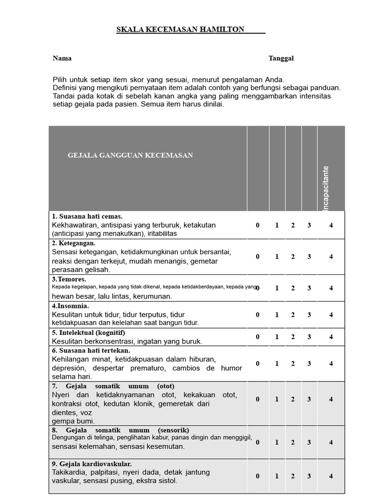 Skala Kecemasan Hamilton untuk Penilaian | PDF