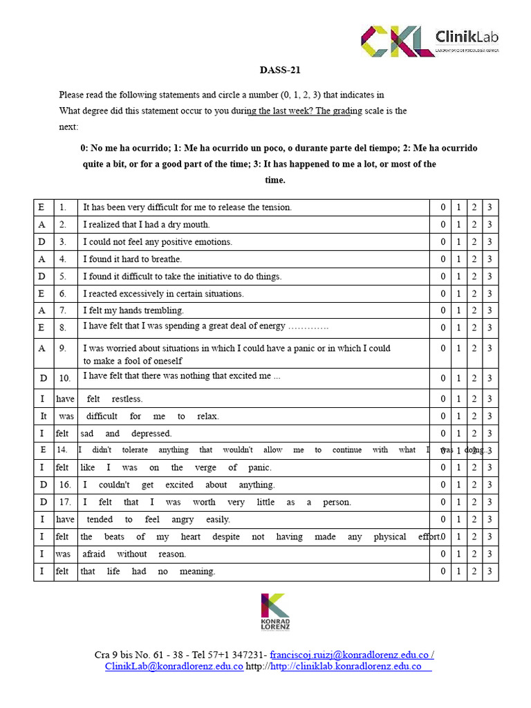 DASS - 21 Anxiety and Depression Test | PDF | Anxiety | Emotions