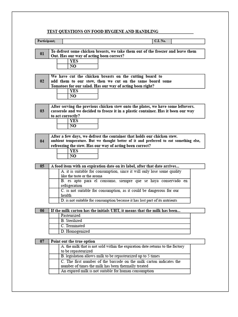 Hygiene, Safety and Food Handling Questionnaire | PDF | Food Preservation | Cooking