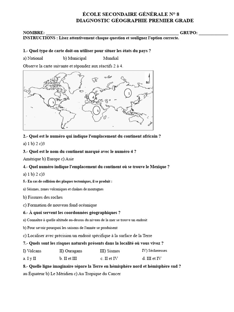Diagnostic de Géographie pour le Premier Grade | PDF | Terre | Continent