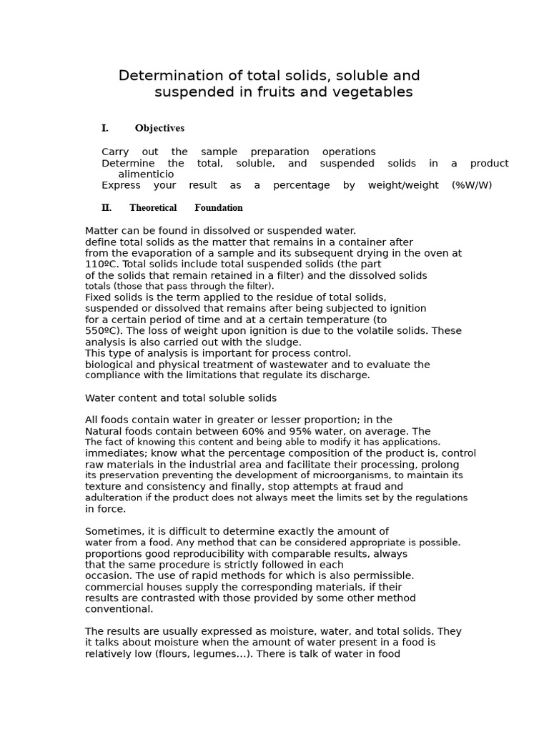 Total Solids Analysis in Fruits & Vegetables | PDF | Water | Solubility