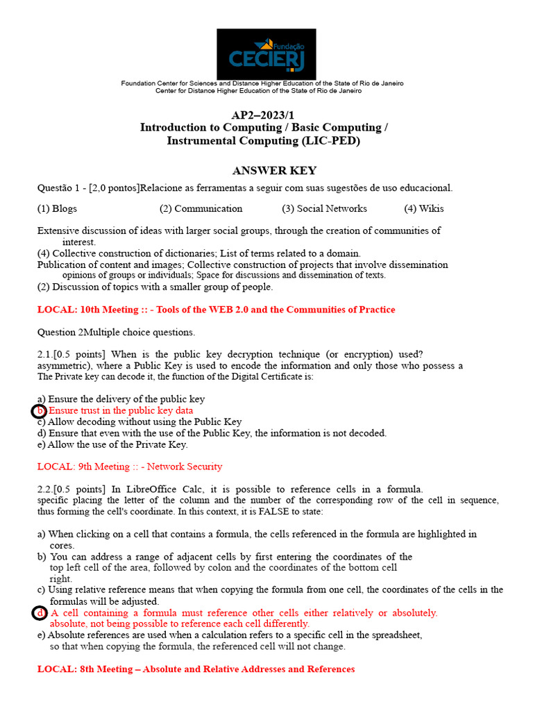 Answer Key for Computing Course 2023 | PDF | Public Key Cryptography ...