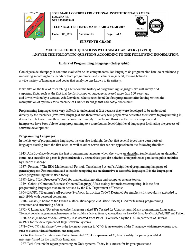 History of Programming Languages Test | PDF | Computer Programming ...