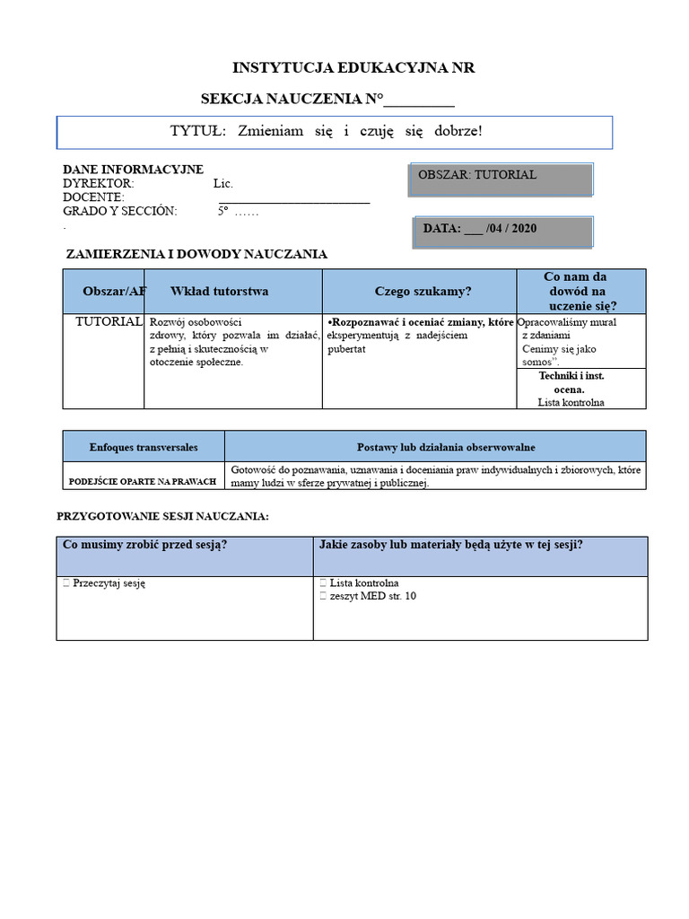 SESJA 1 TUT. Zmieniam się i czuję się dobrze! | PDF