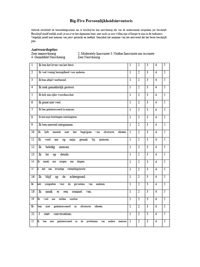 Big Five Instrument | PDF