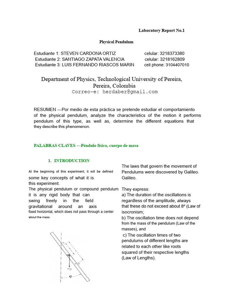 Report (Lab 1) Physical Pendulum Steven c | PDF | Pendulum | Oscillation