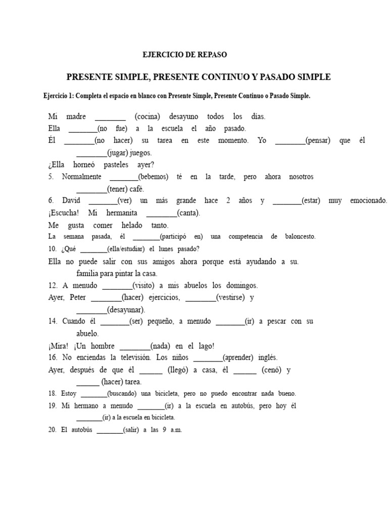 Ejercicio de Repaso Sobre El Tiempo Presente Simple, Presente Continuo ...