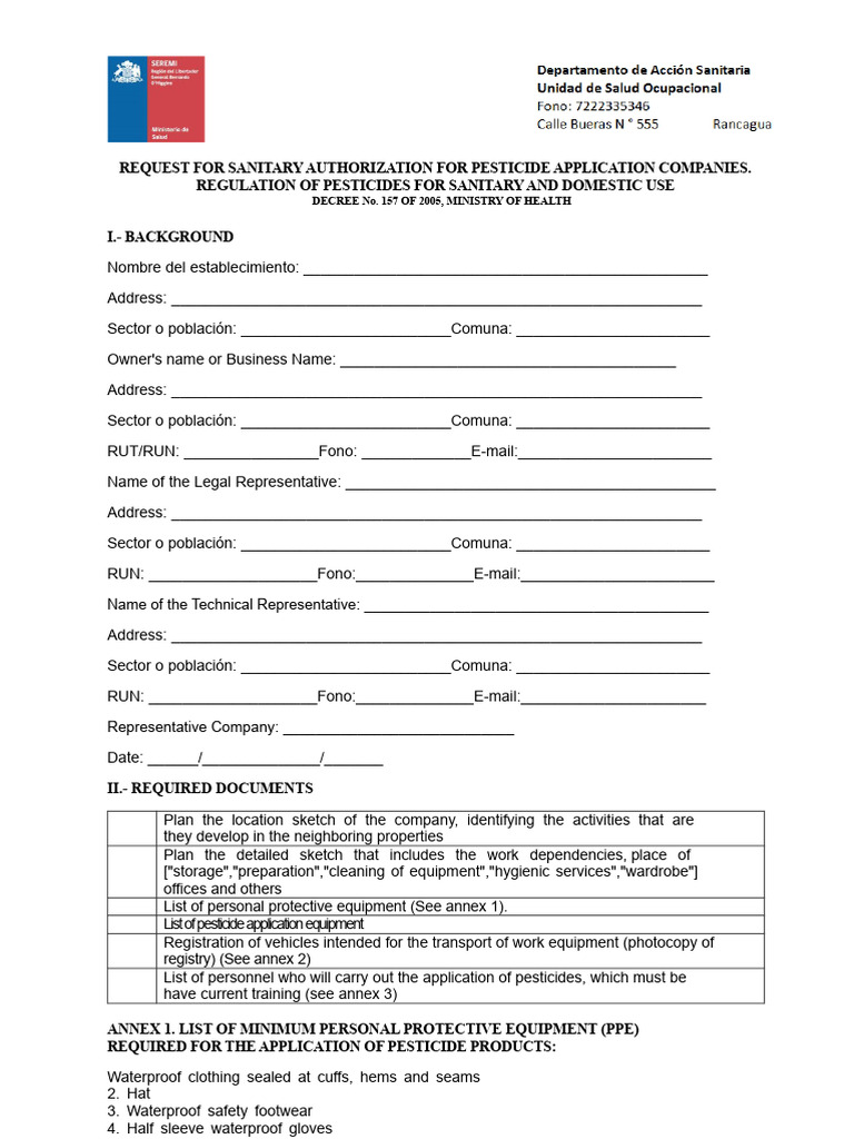 Request for Health Authorization for Pesticide Application Company ...