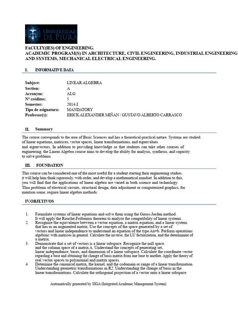 Syllabus Linear Algebra A 2014-I Udep | PDF | Matrix (Mathematics ...