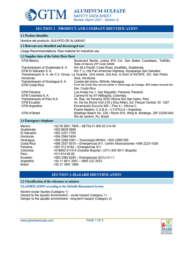 Aluminum Sulfate Safety Data Sheet | PDF | Dangerous Goods | Firefighting