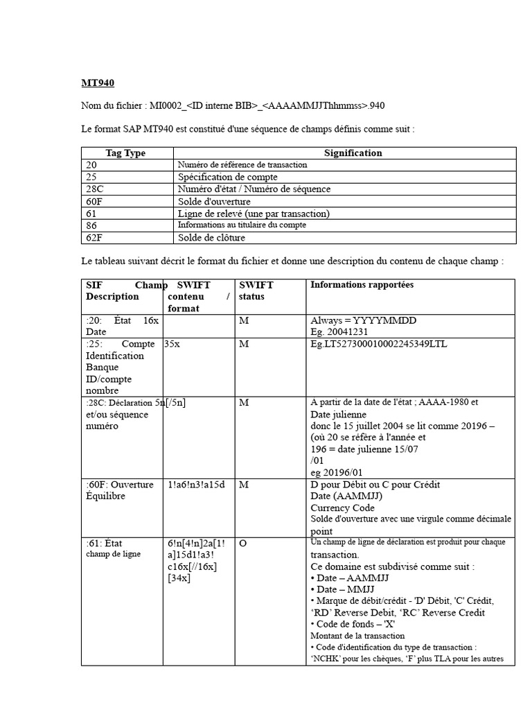 Format et structure des fichiers MT940 et MT103 | PDF | Bancaire ...