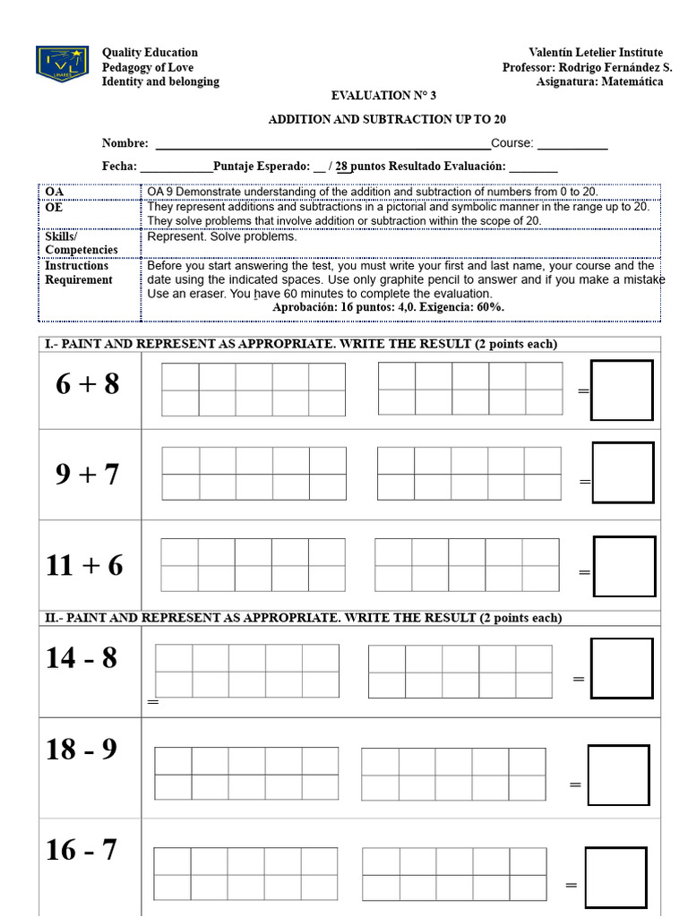 Mathematics Test Addition and Subtraction Up to 20 | PDF | Cognition ...