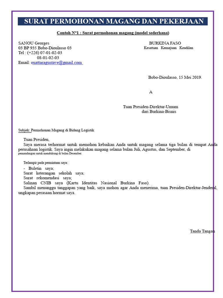 Contoh Surat Permohonan Magang dan Kerja | PDF