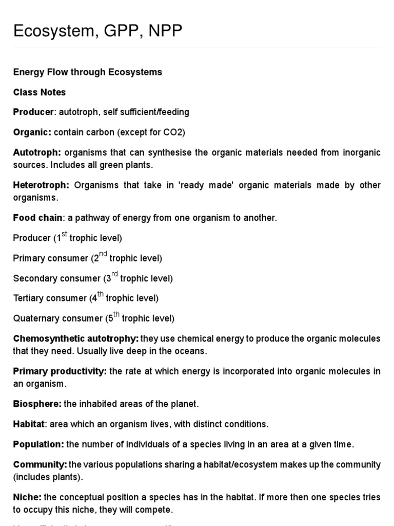 Ecosystem, GPP, NPP: Energy Flow Through Ecosystems | PDF | Food Web ...