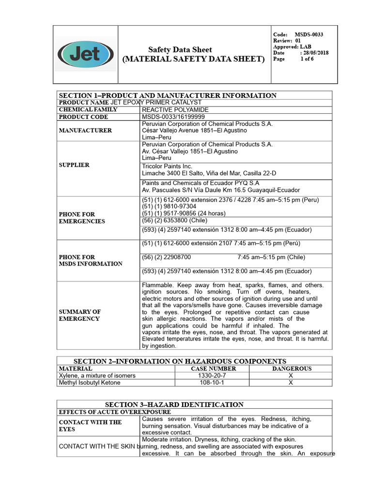 MSDS-0033 Epoxy Jet Primer Catalyst | PDF | Personal Protective ...