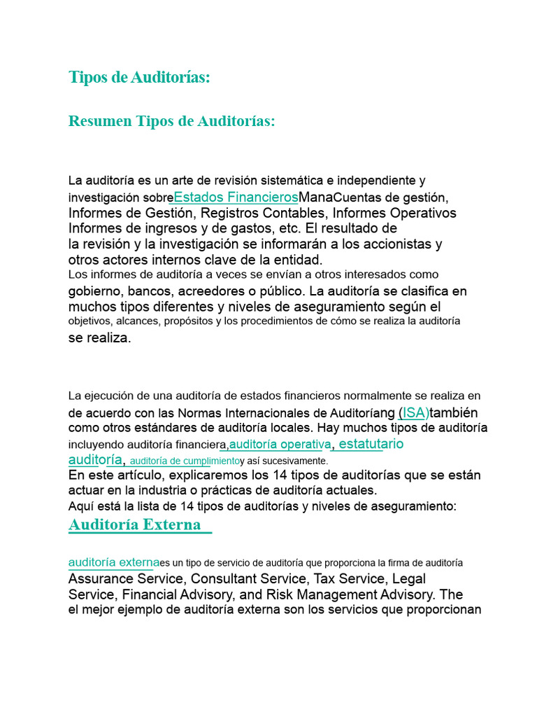 Tipos de Auditorías.docx | PDF | Auditoría | Auditoría financiera