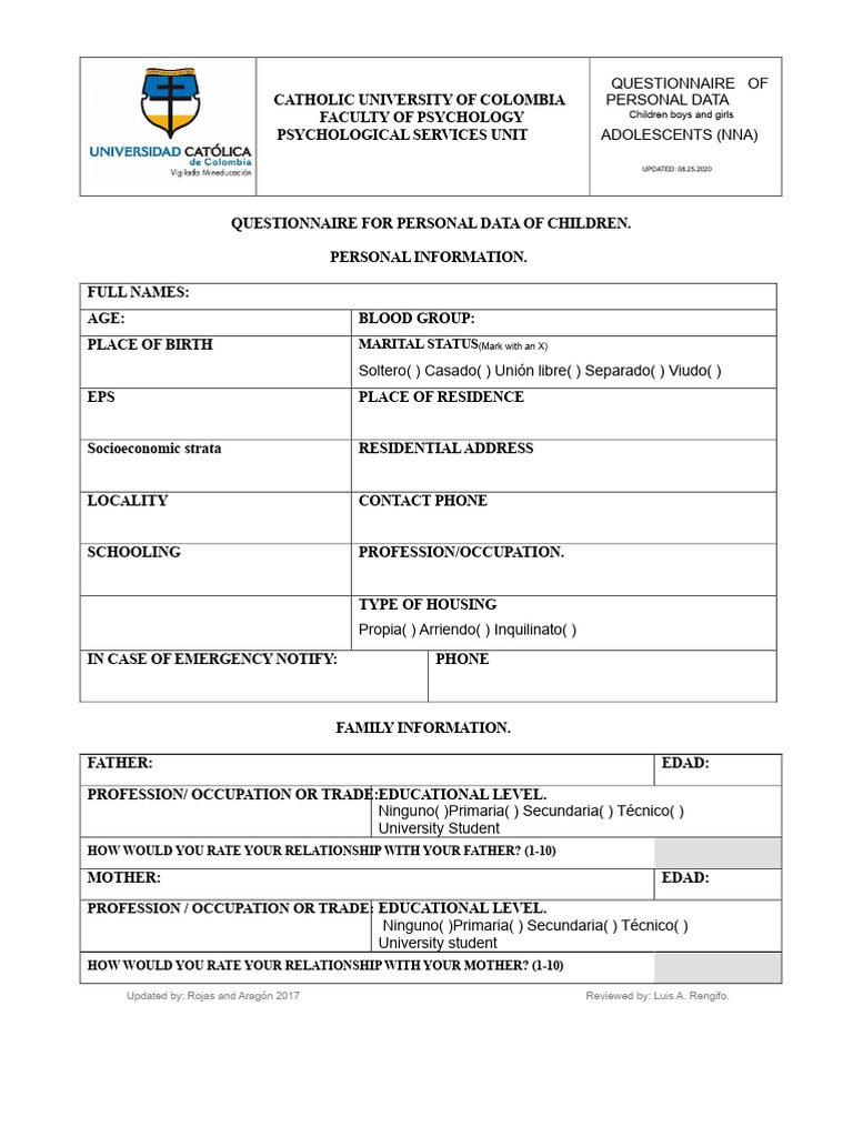 Questionnaire of Personal Data For Children and Adolescents | PDF ...
