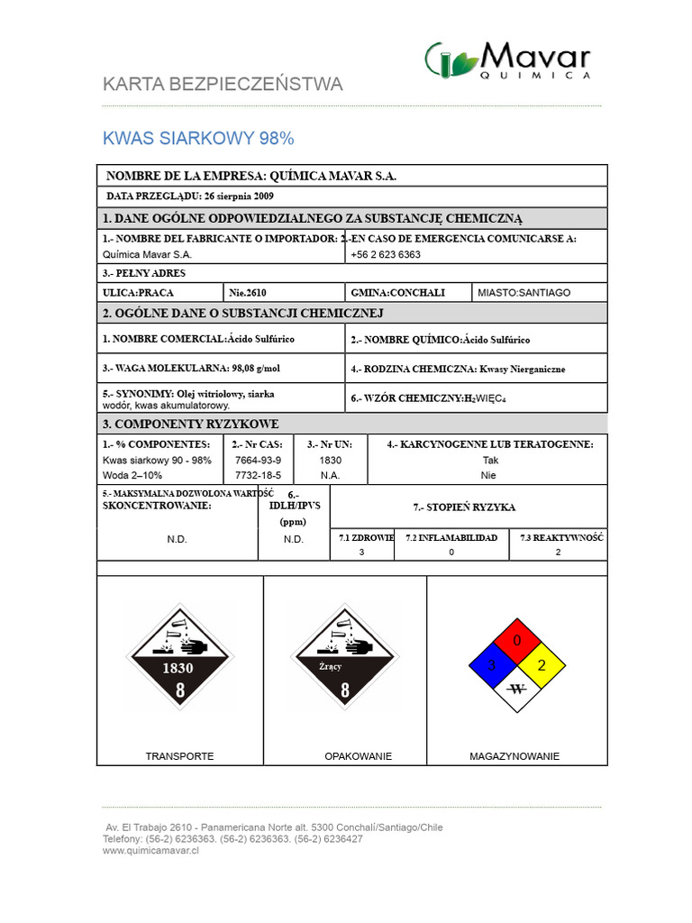 Karta charakterystyki kwasu siarkowego | PDF