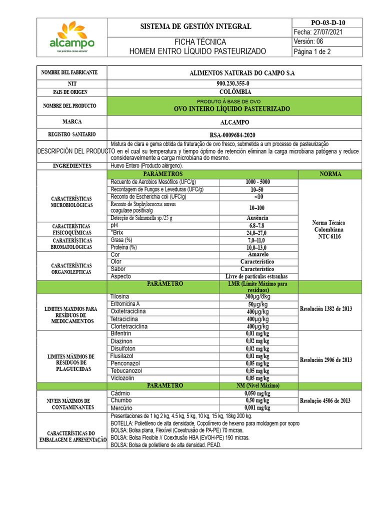 Ficha Técnica: Ovo Líquido Pasteurizado | PDF