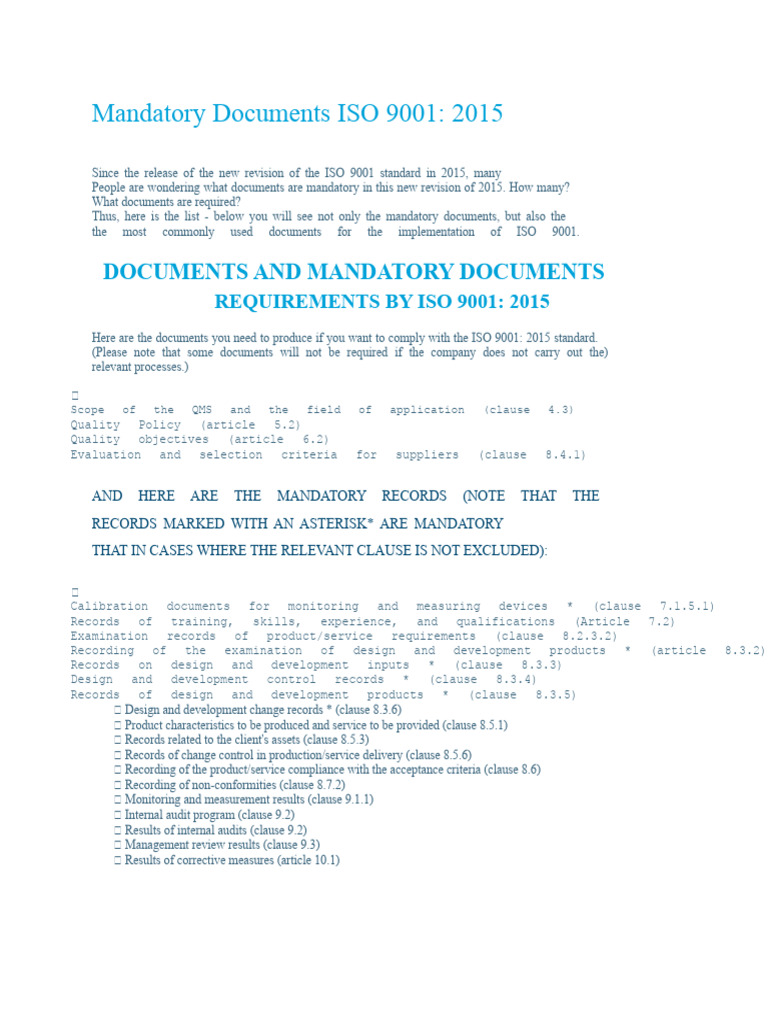 Mandatory Documents ISO 9001 | PDF | Quality Management System | Audit