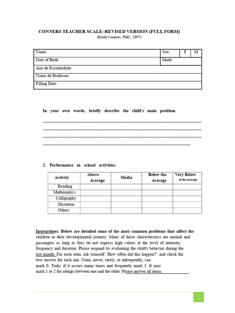 Conners Teacher Scale: Revised Full Form | PDF | Impulsivity ...
