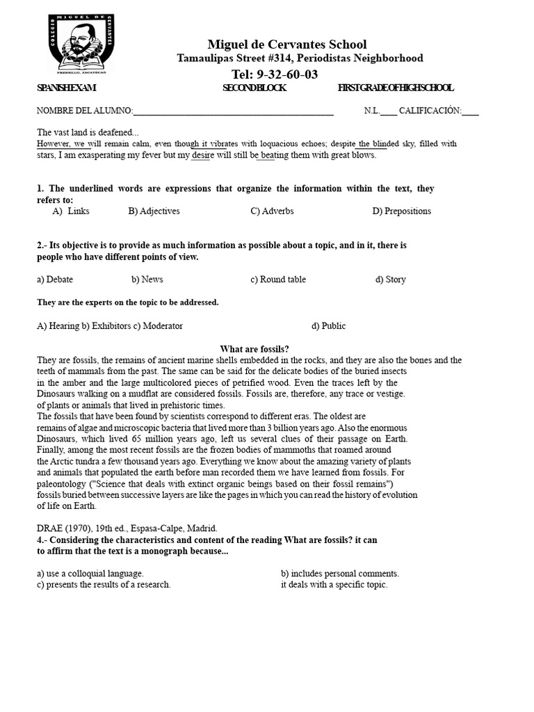Spanish Exam II Bim Secondary | PDF | Fossil | Narration