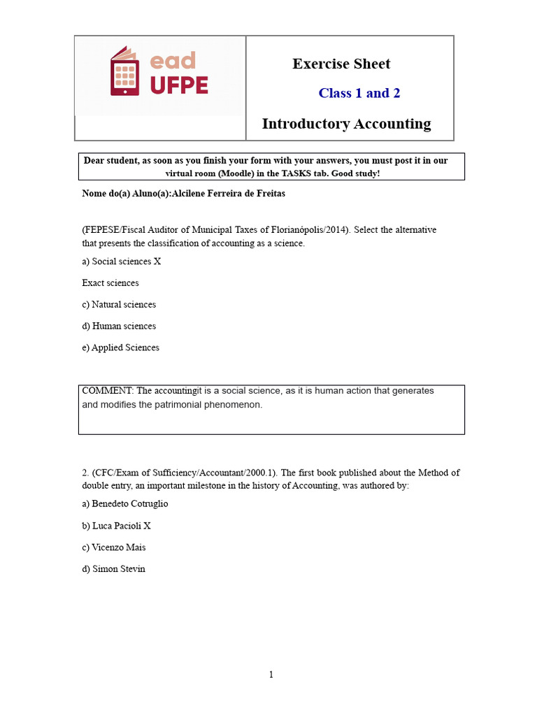 Introductory Accounting Exercise Sheet | PDF | Debits And Credits ...