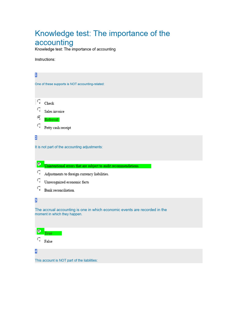 Knowledge Test - The Importance of Accounting V1 | PDF