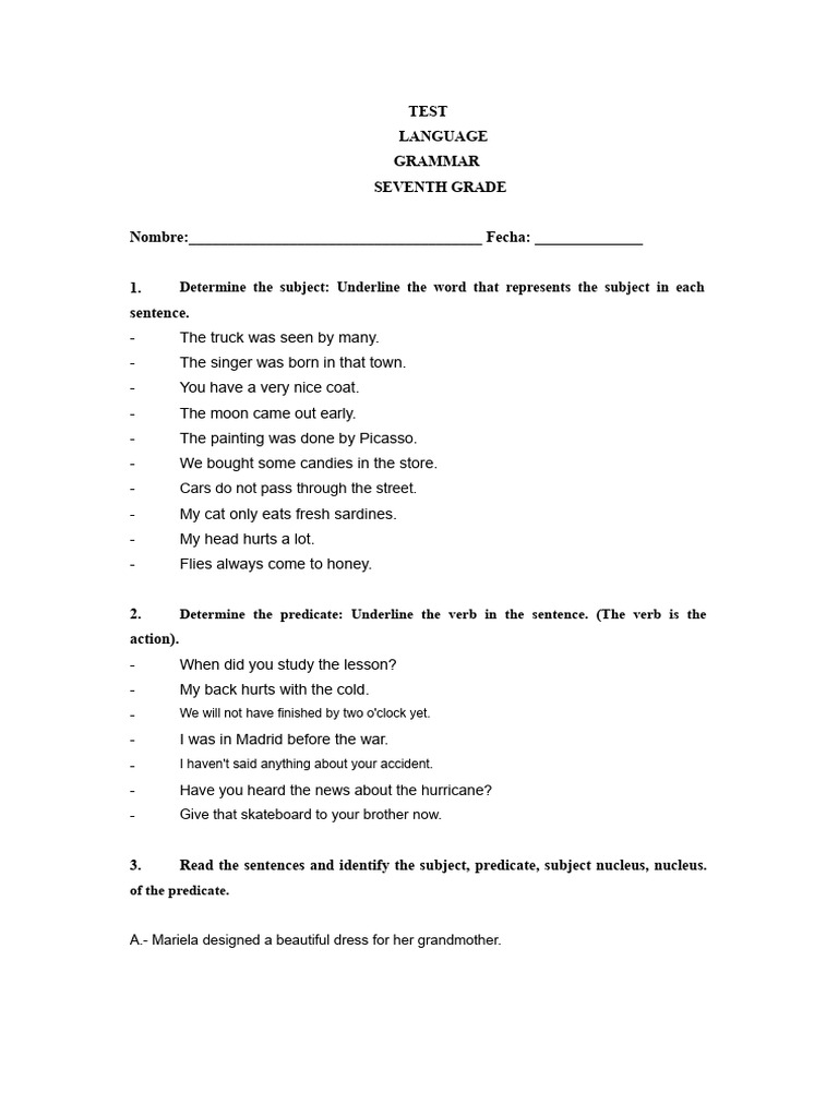 Language Test (Grammar) Seventh Grade | PDF | Subject (Grammar ...