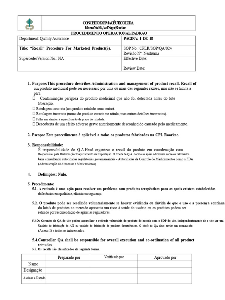 Recall de Produto | PDF | Qualidade (negócios) | Food and Drug ...