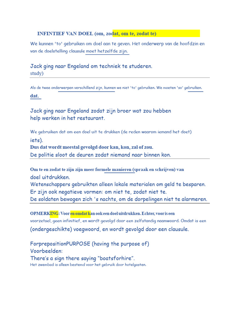 Oefeningen en Uitleg Infinitief Van Doel | PDF