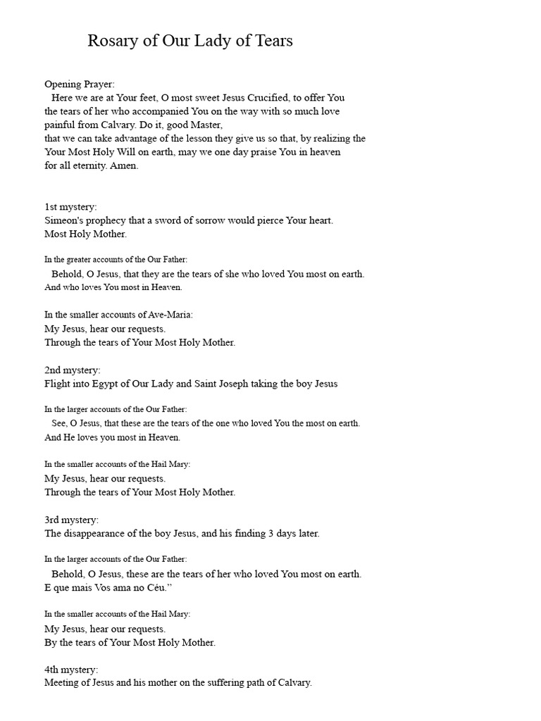 Rosary of Our Lady of Tears | PDF | Mary, Mother Of Jesus | Jesus