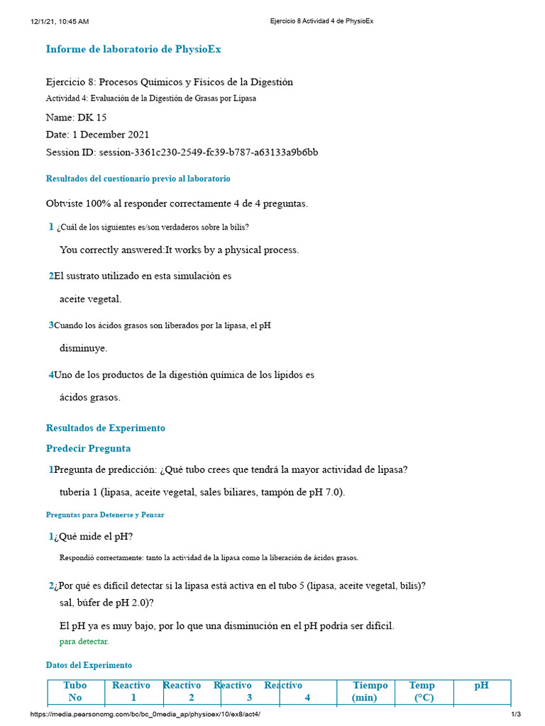 Ejercicio 8 Actividad 4 de PhysioEx | PDF | Digestión | Bilis
