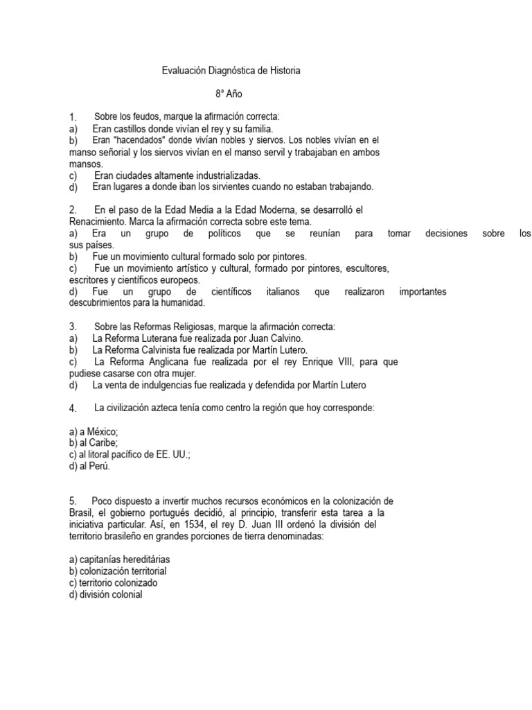 Evaluación Diagnóstica de Historia - 8º AÑO | PDF