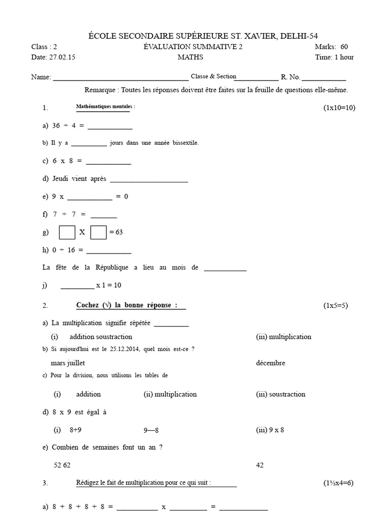 Évaluation de Maths pour Classe 2 | PDF | Multiplication | Échecs