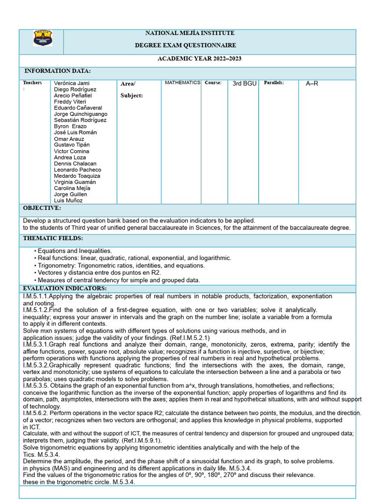 Questionnaire Graduation Exam Mathematics 2022 - 2023 Final | PDF ...