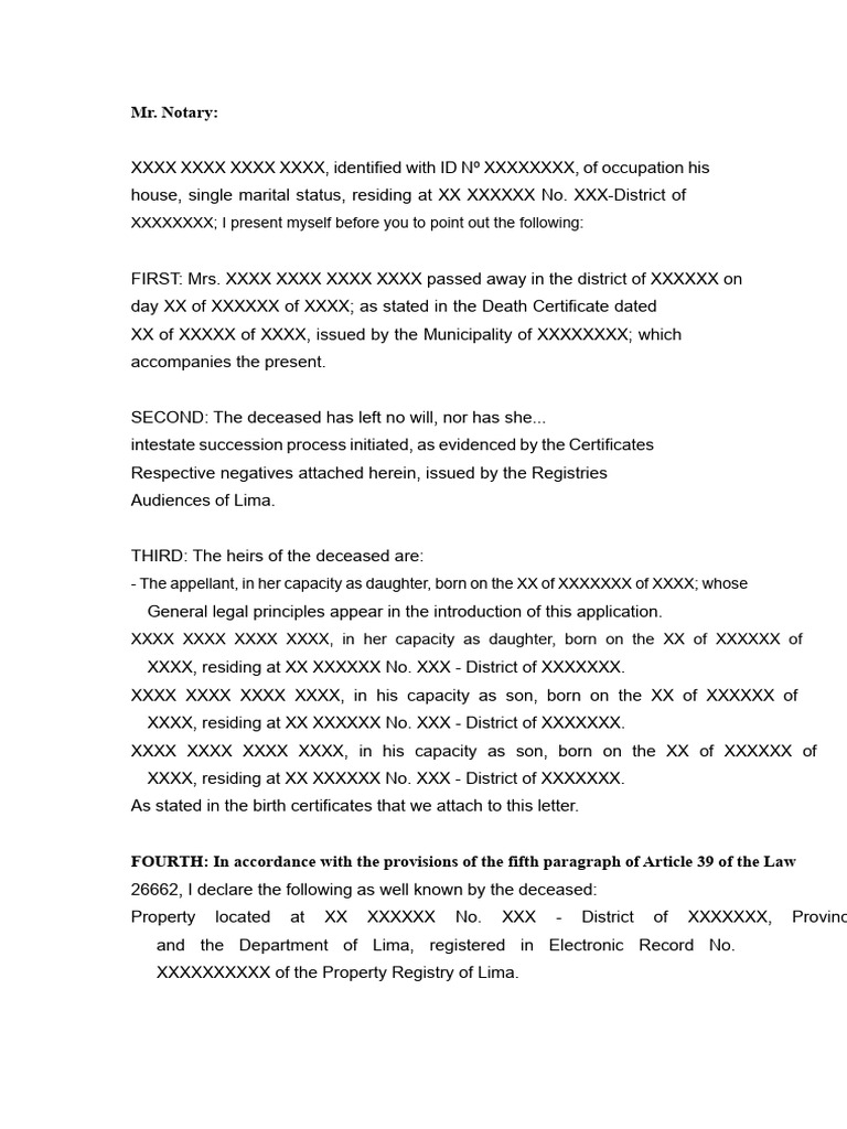 Model of Intestate Succession Request - Notarial Route | PDF | Birth ...