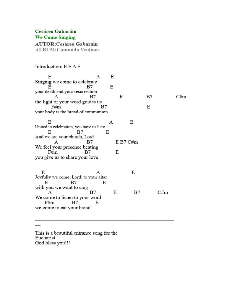 Singing We Come - Cesáreo Gabaráin | PDF