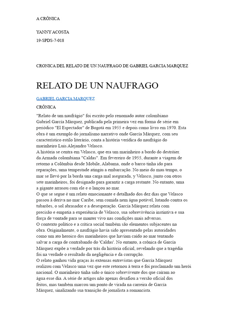 CRÔNICA DO RELATO DE UM NAUFRAGO DE GABRIEL GARCÍA MÁRQUEZ | PDF ...