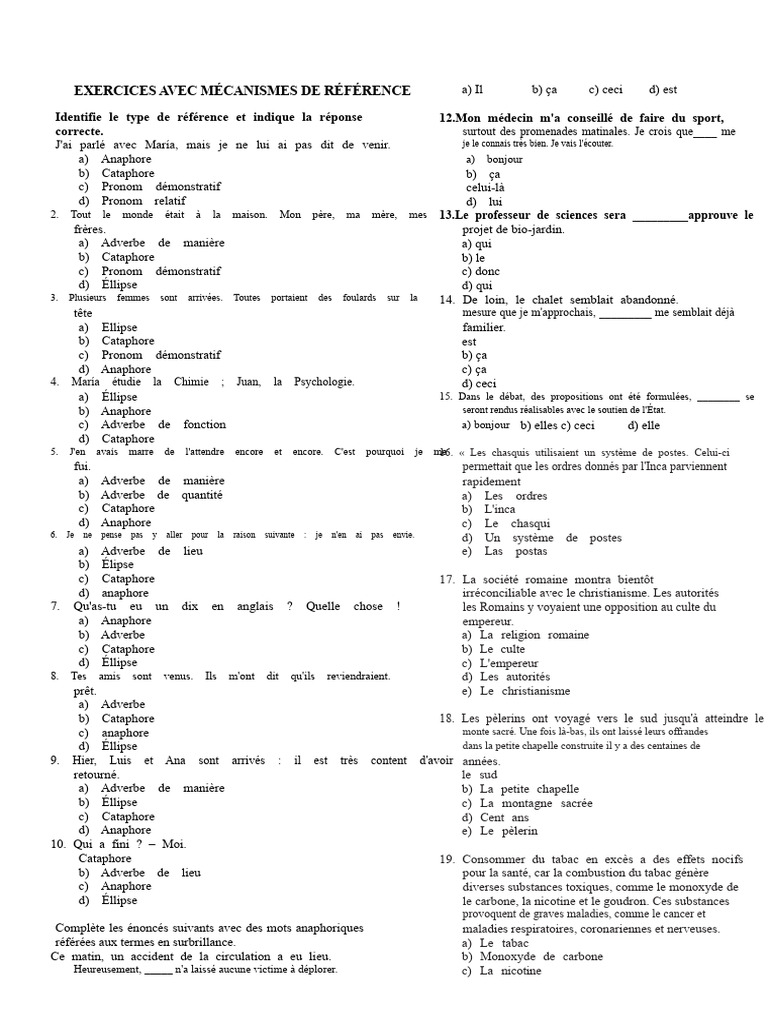 Exercices sur les mécanismes de référence | PDF | Grammaire | Syntaxe