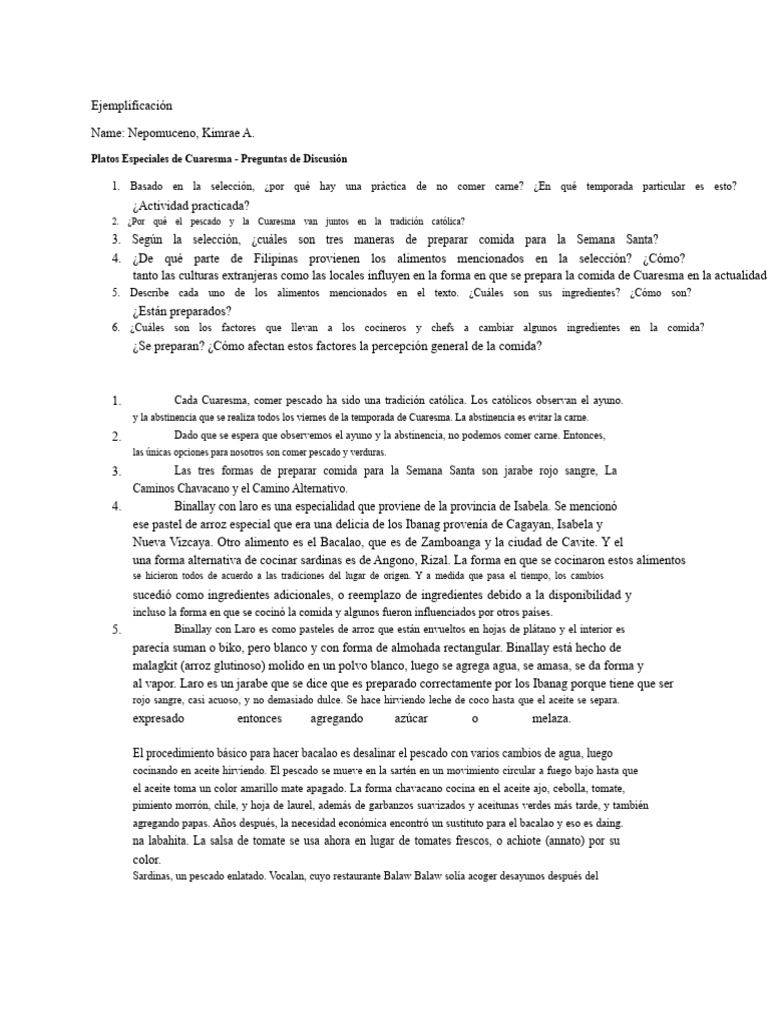 Preguntas de Discusión Sobre Platos Especiales de Cuaresma | PDF ...