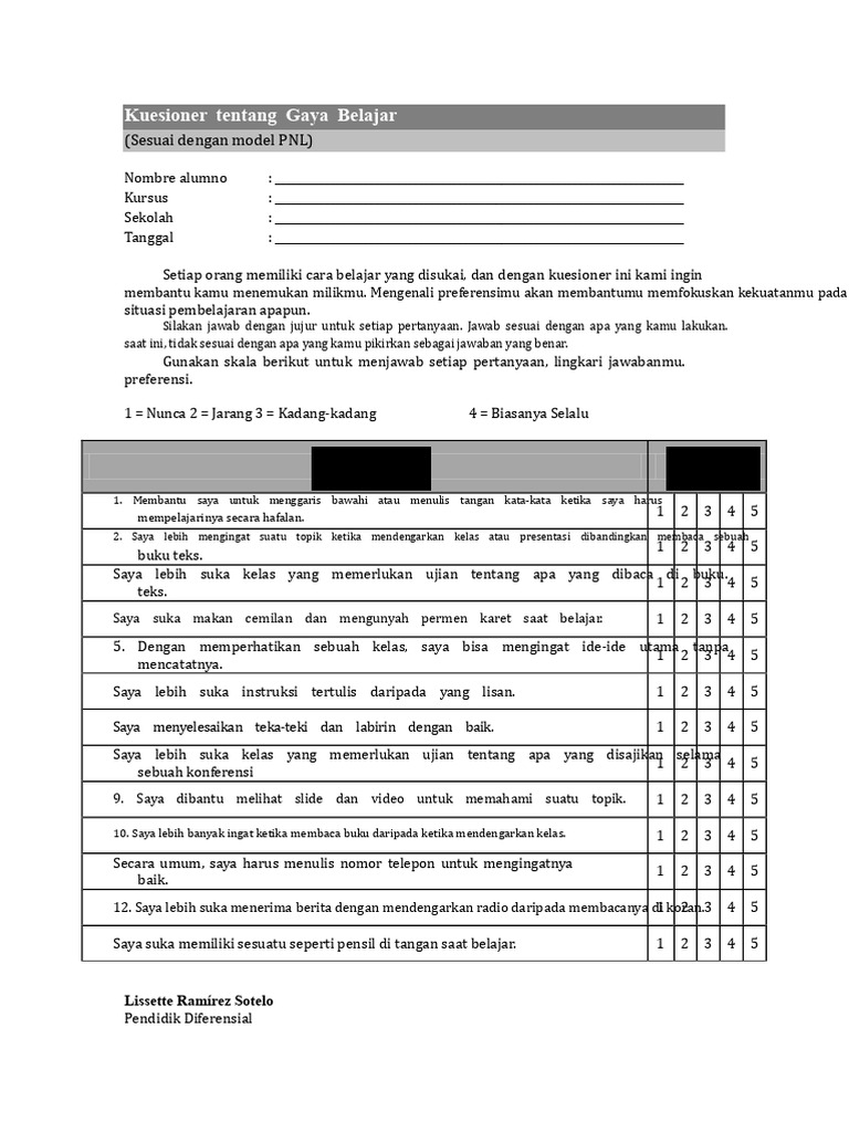 Kuesioner Gaya Belajar Model PNL | PDF