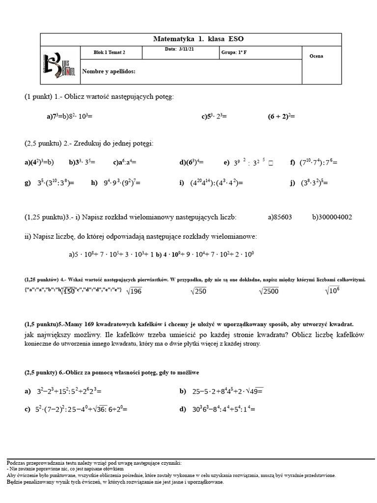 Egzamin temat 2 potęgi i pierwiastki | PDF