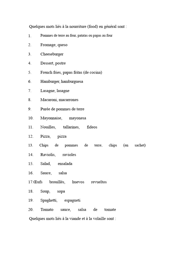 Vocabulaire de la nourriture et boissons | PDF | Steak | Viande