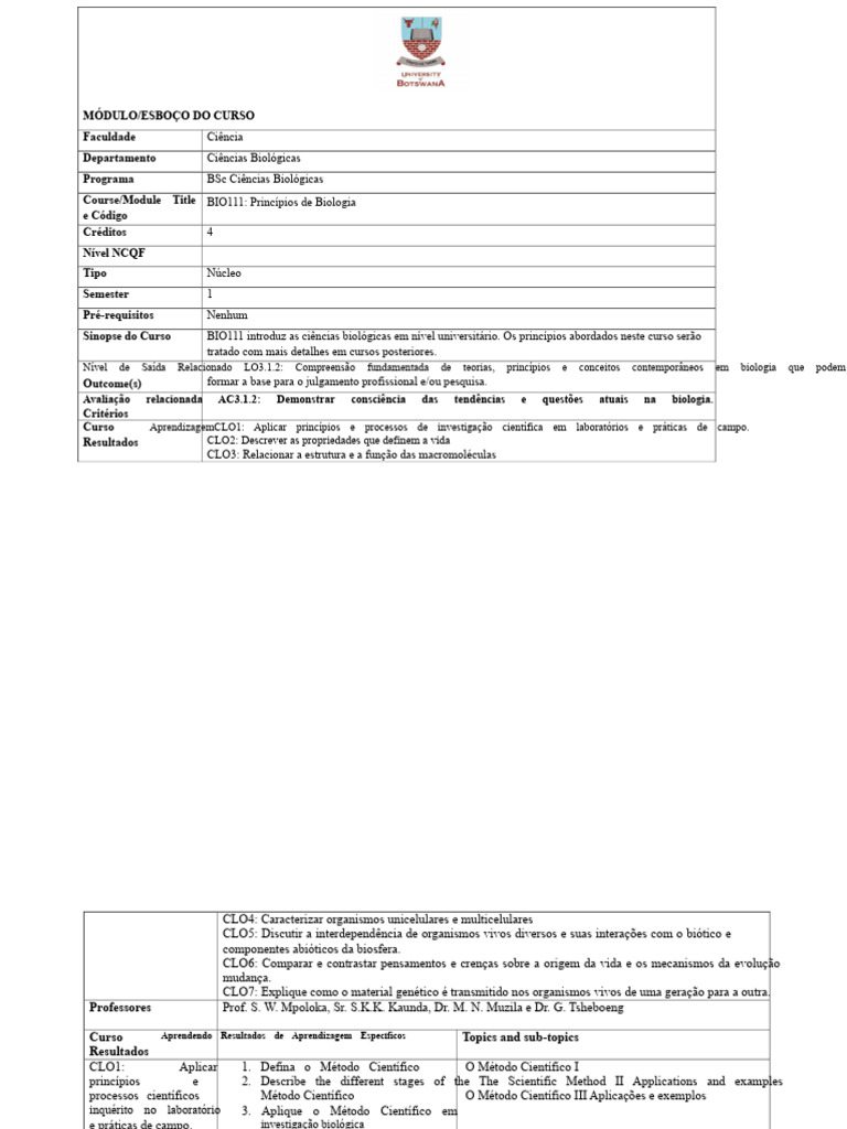 BIO111 Princípios de Biologia - Plano de Curso 2022 | PDF | Vida | Célula (Biologia)